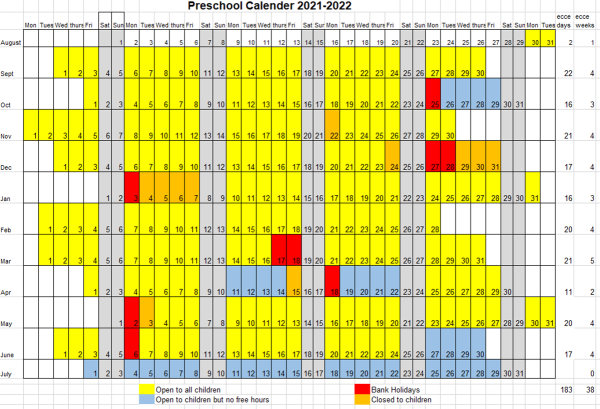 Preschool Calendar – Newbury House Family Centre